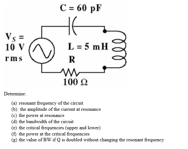 Solved Determine:(a) ﻿resonant frequency of the circuit(b) | Chegg.com