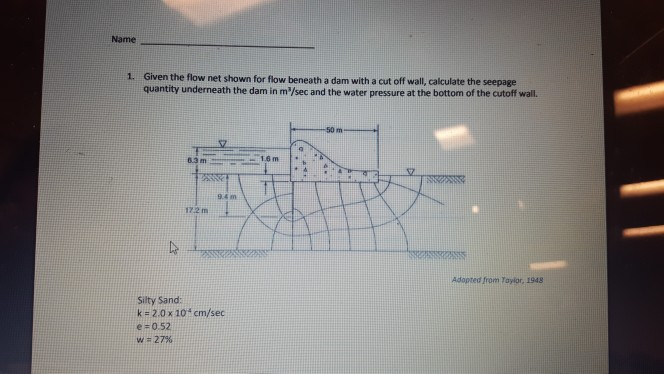 Solved Name 1. Given the flow net shown for flow beneath a | Chegg.com