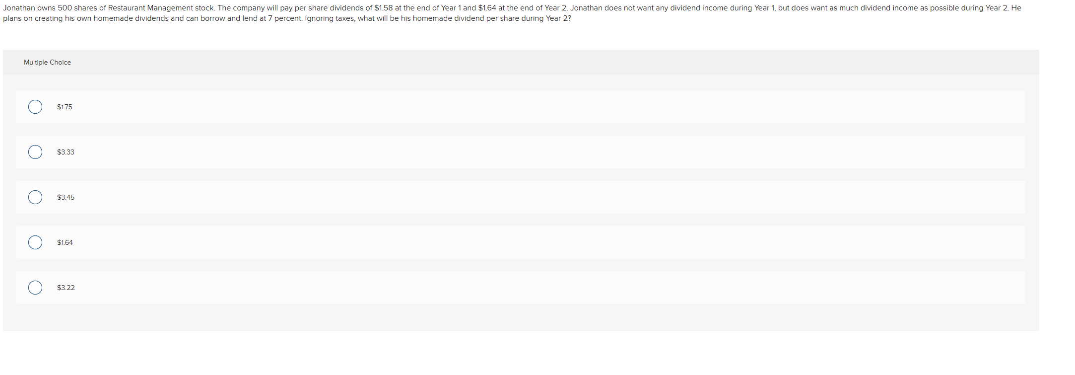 Solved Multiple Choice $1.75 $3.33 $3.45 $1.64 $3.22 | Chegg.com