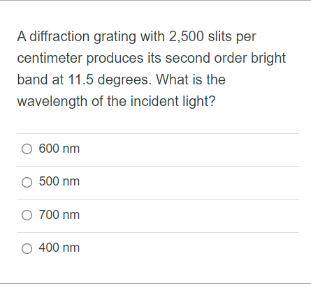 Solved A diffraction grating with 2,500 slits per centimeter | Chegg.com