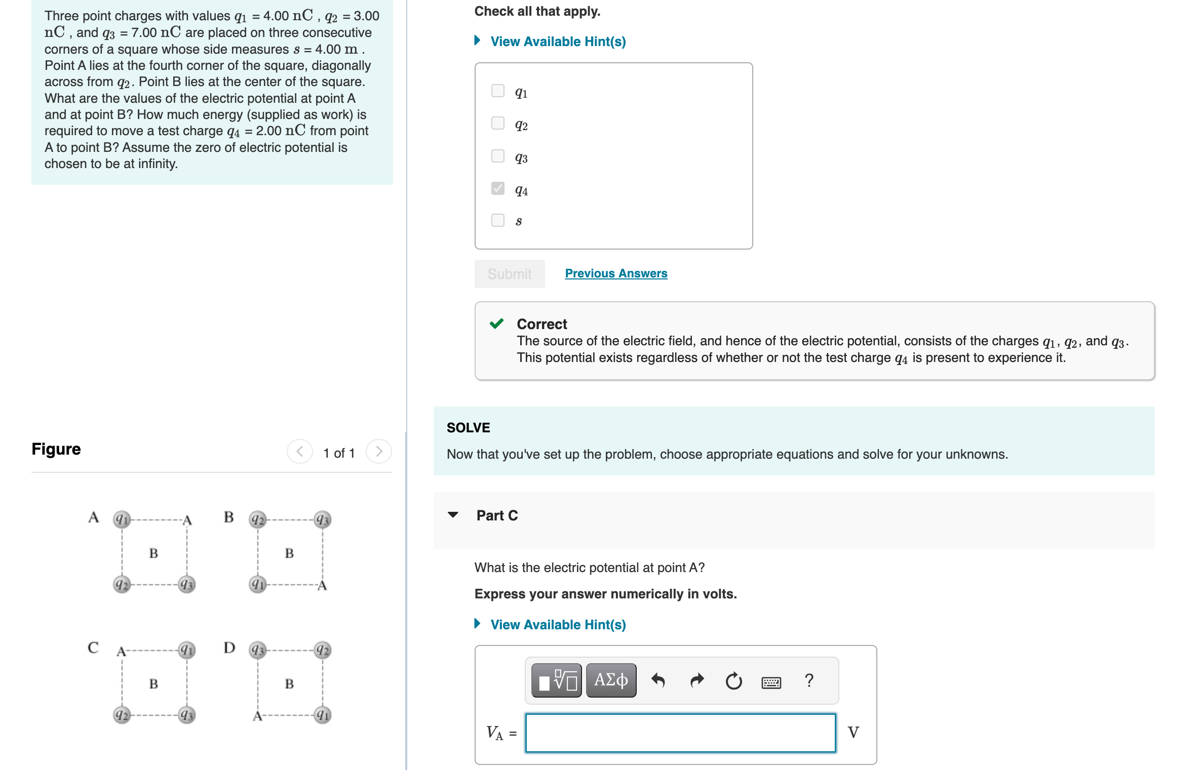 Solved Three point charges with values q1=4.00nC,q2=3.00 nC, | Chegg.com