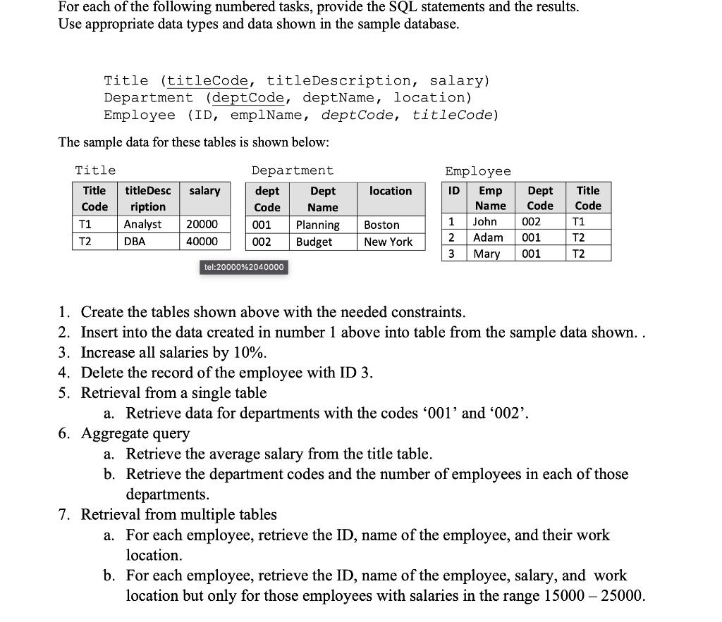 Solved For each of the following numbered tasks, provide the | Chegg.com