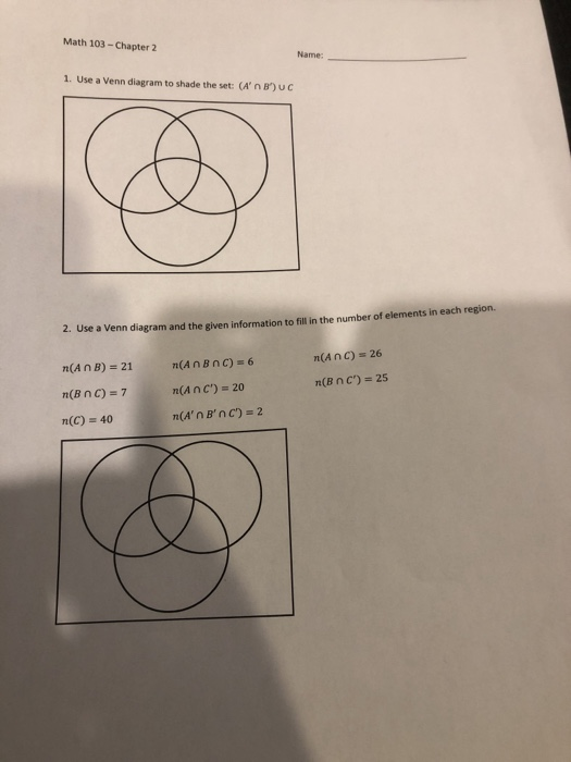 Solved Math 103-Chapter 2 Name: 1. Use a Venn diagram to | Chegg.com