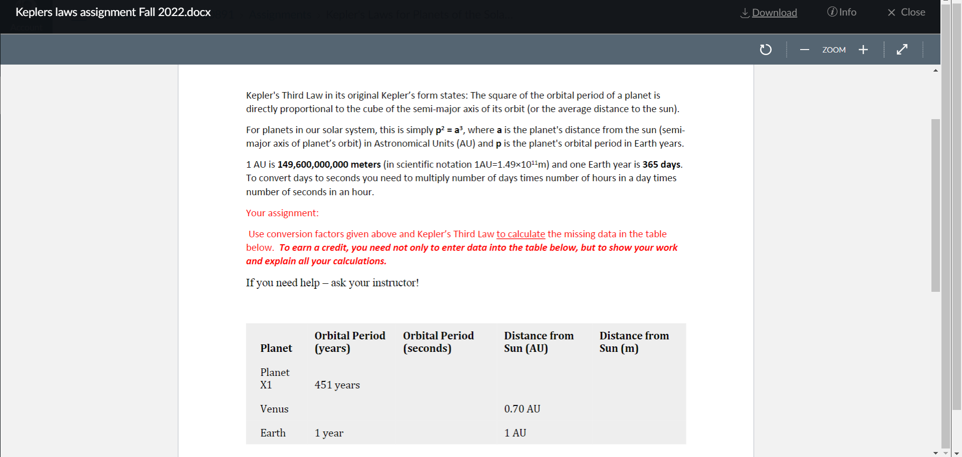 Solved Keplers laws assignment Fall 2022.docx Kepler's Third | Chegg.com