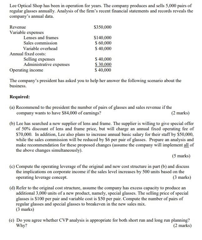 Solved Lee Optical Shop has been in operation for years. The | Chegg.com