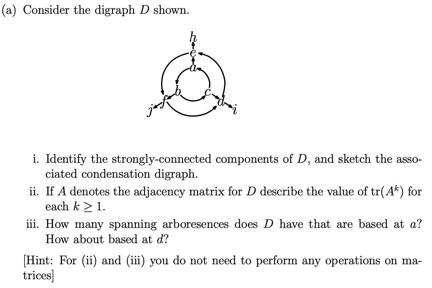 Solved (a) Consider the digraph D shown. i. Identify the | Chegg.com