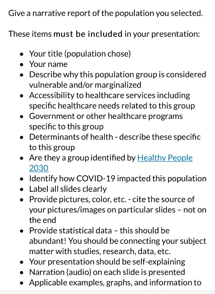 Give a narrative report of the population you | Chegg.com