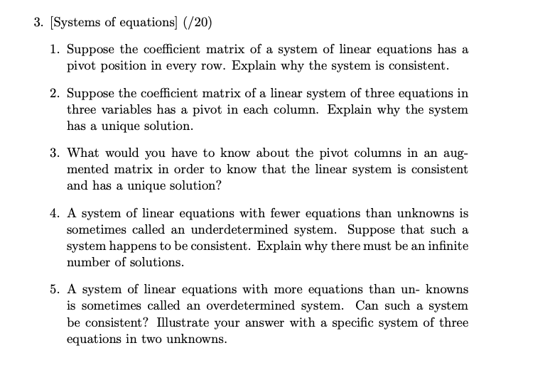 Solved 3. (Systems of equations] (/20) 1. Suppose the | Chegg.com