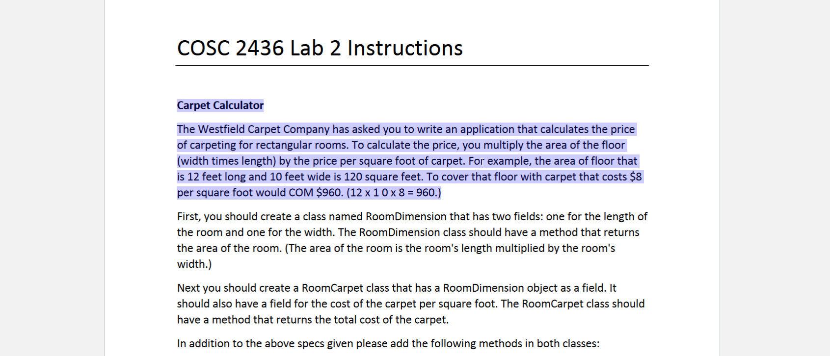 COSC 2436 Lab 2 Instructions Carpet Calculator The | Chegg.com