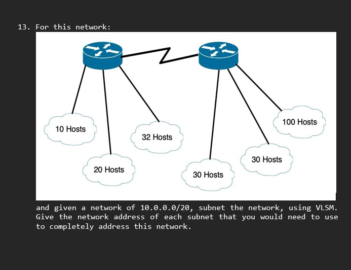 Solved 13. For this network: 100 Hosts 10 Hosts 32 Hosts 30 | Chegg.com