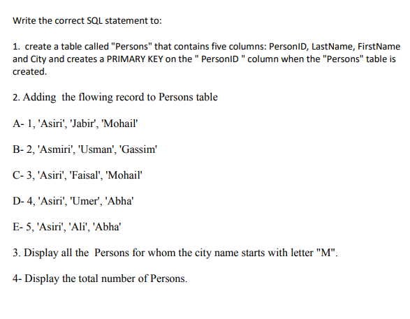 Solved Write the correct SQL statement to: 1. create a table | Chegg.com