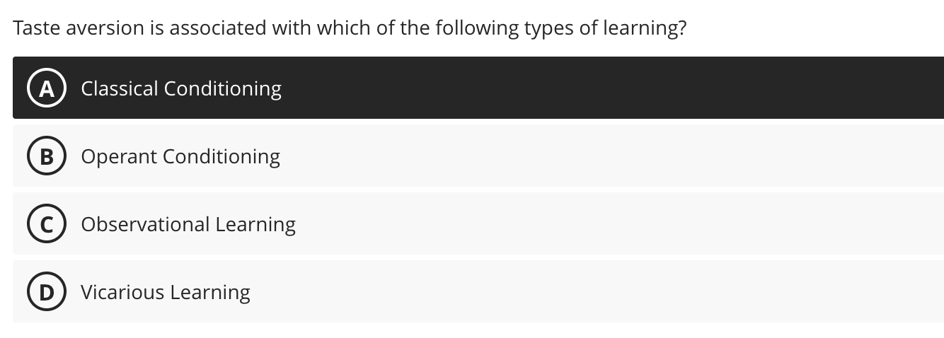 Solved Taste aversion is associated with which of the | Chegg.com