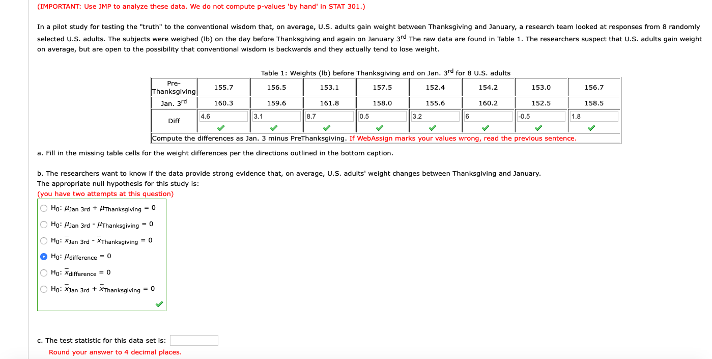 Solved I need help computing the T test statistic for this | Chegg.com