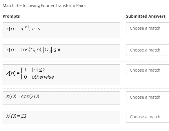 Solved Match the following Fourier Transform Pairs Prompts | Chegg.com