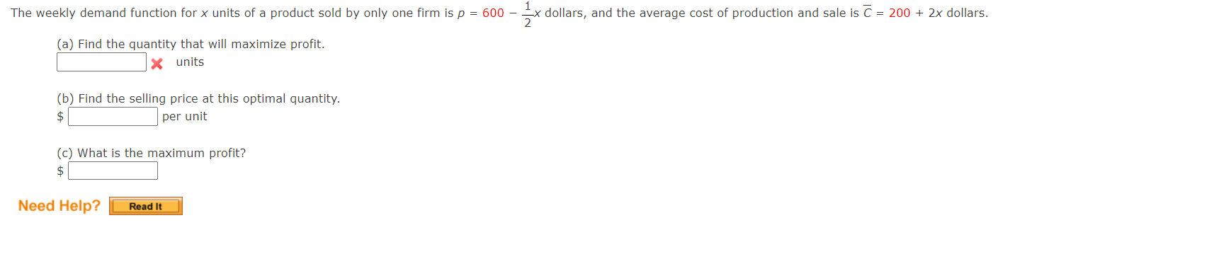 Solved 1 The weekly demand function for x units of a product | Chegg.com