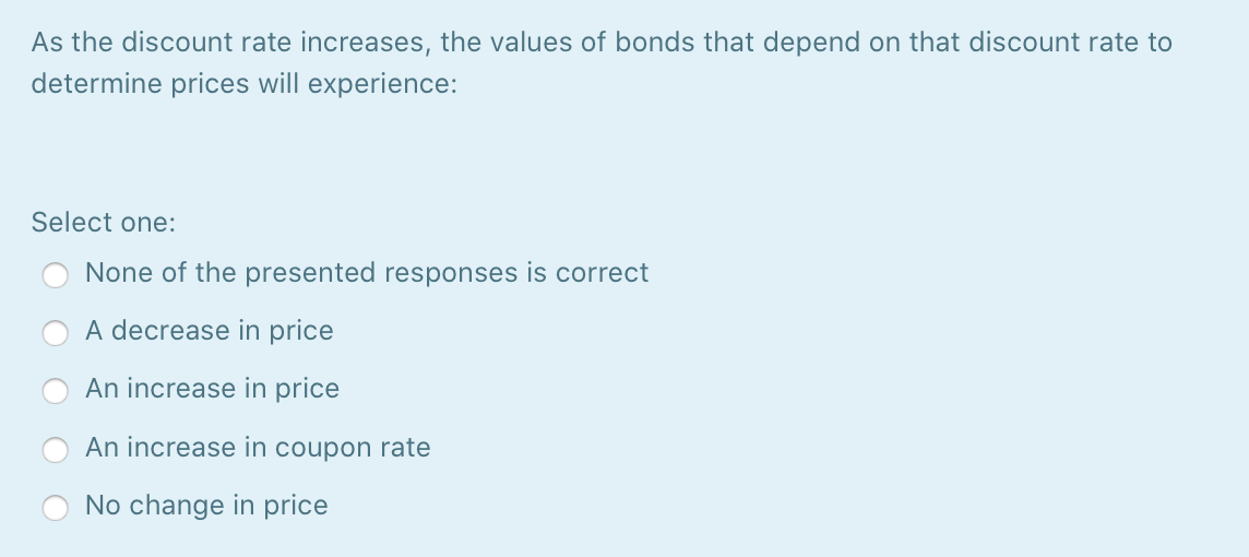 Solved As the discount rate increases, the values of bonds | Chegg.com