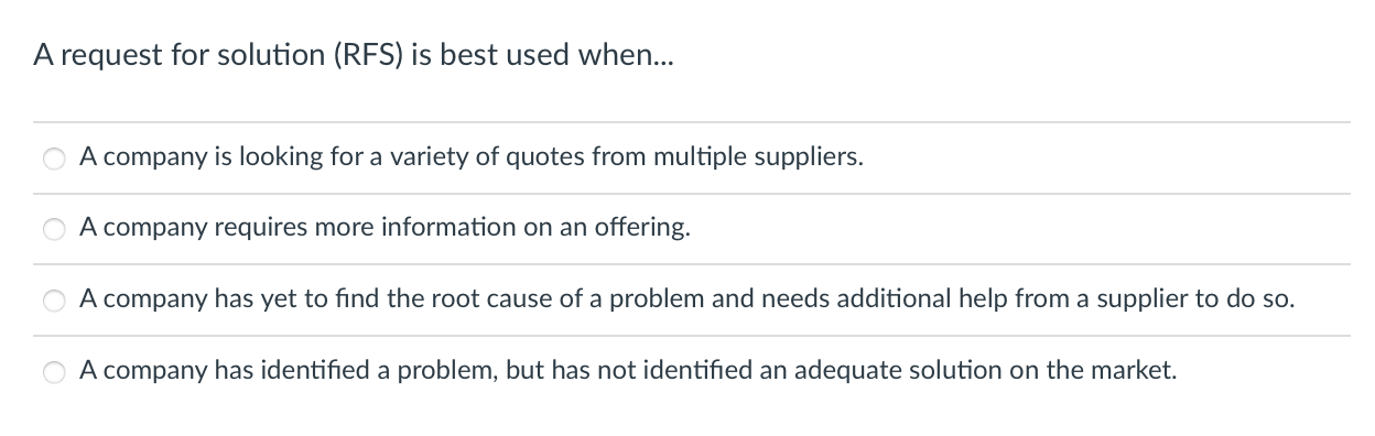 Solved A request for solution (RFS) is best used when... A | Chegg.com