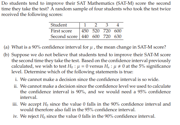Solved Do students tend to improve their SAT Mathematics | Chegg.com