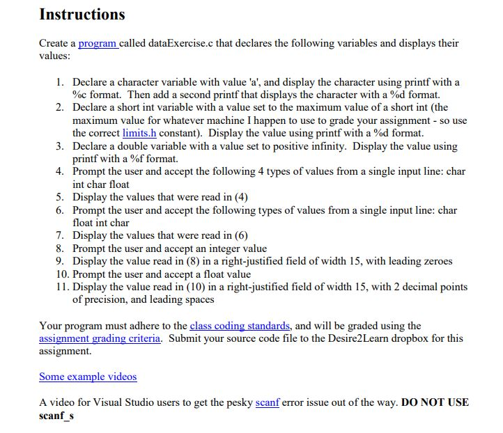 Solved Instructions Create a program called dataExercise.c | Chegg.com
