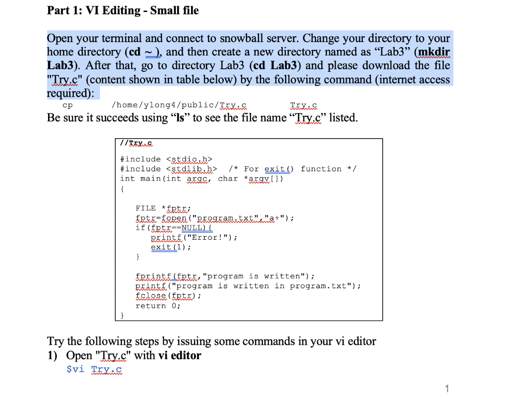 Solved Part 1: VI Editing - Small file Open your terminal | Chegg.com