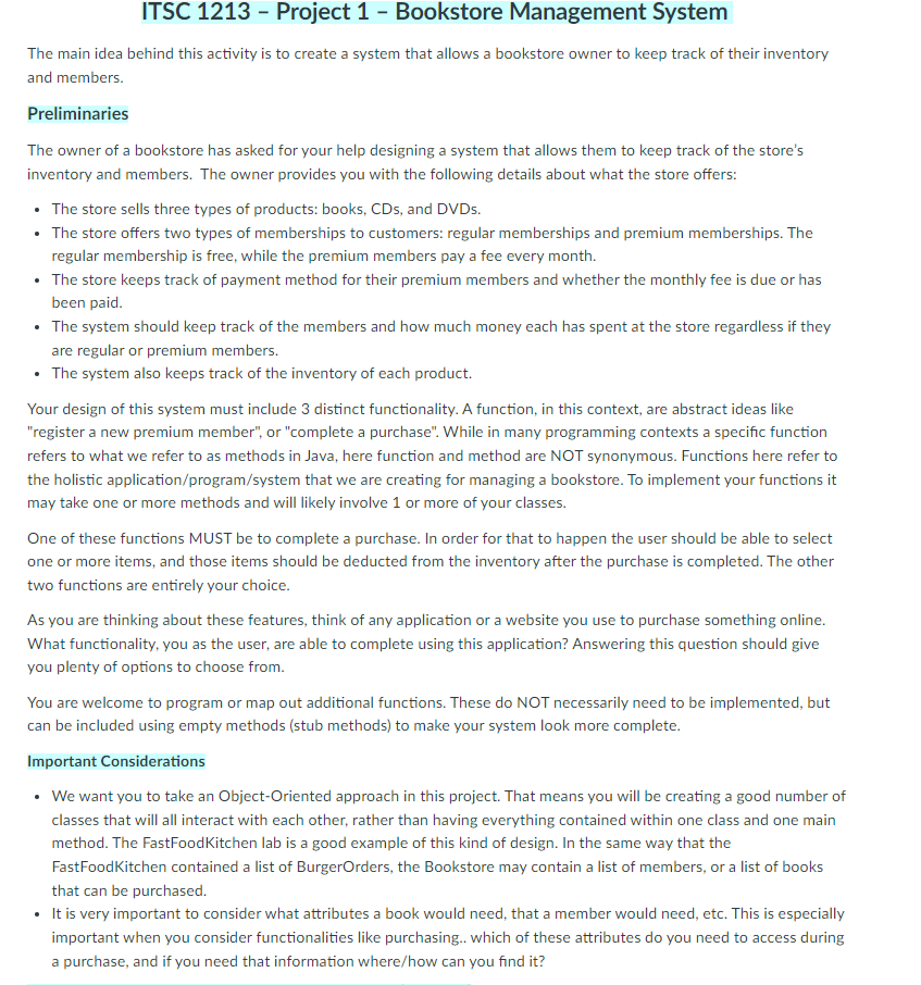 ITSC 1213 - Project 1 - Bookstore Management System | Chegg.com