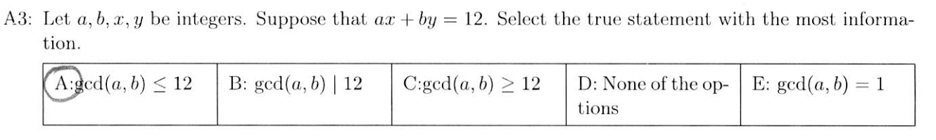 Solved A3: Let a,b,x,y ﻿be integers. Suppose that ax+by=12. | Chegg.com
