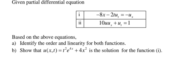 Solved Given partial differential equation i ii -8x - 2tu, | Chegg.com
