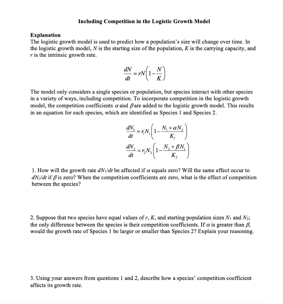 Solved Including Competition in the Logistic Growth Model | Chegg.com