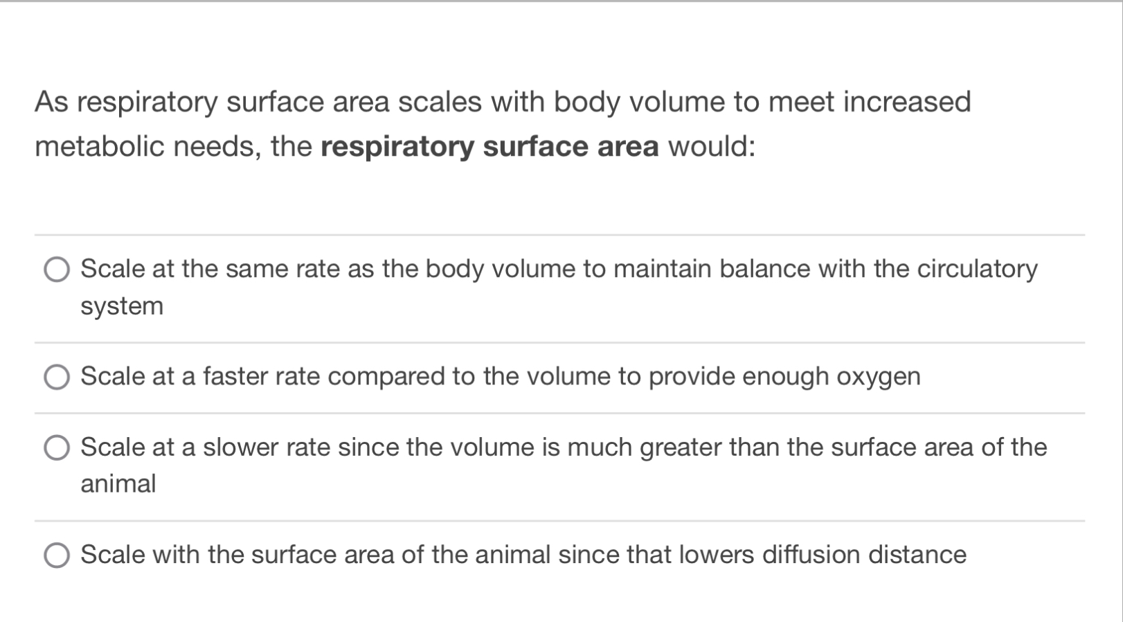 Solved As respiratory surface area scales with body volume | Chegg.com