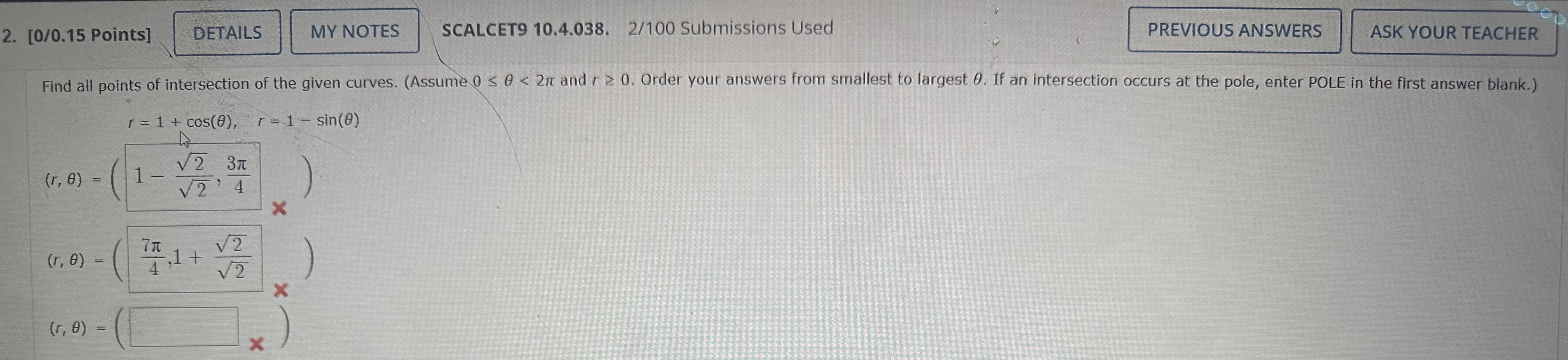 Solved [0/0.15 ﻿Points]Find all points of intersection of | Chegg.com