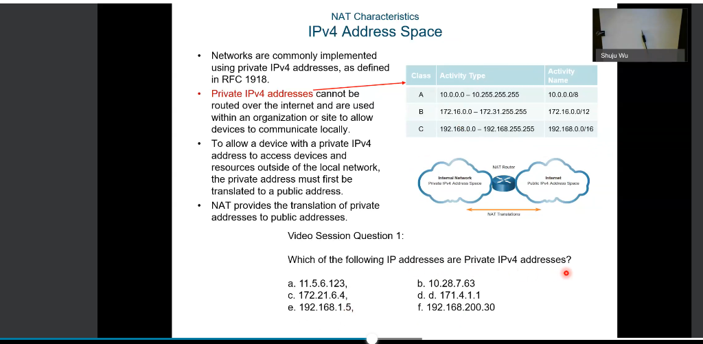 Solved NAT Characteristics IPv4 Address Space Shuju Wu Class | Chegg.com