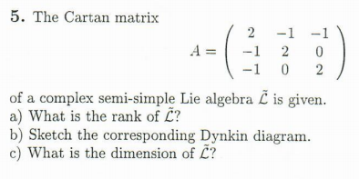 Solved 5. The Cartan matrix 2 -1 -1 -1 2 0 -1 0 2 of a | Chegg.com