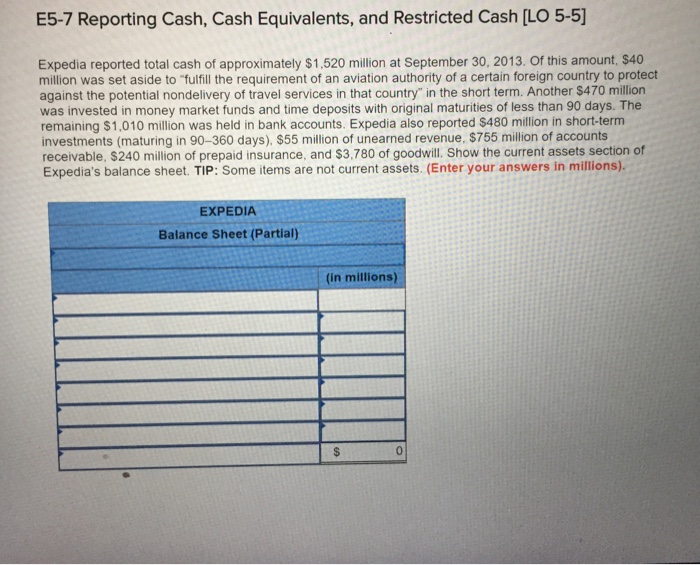 Solved E5-7 Reporting Cash, Cash Equivalents, and Restricted | Chegg.com