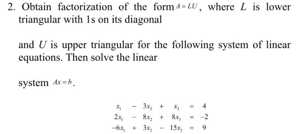 Solved 2. Obtain factorization of the form A=LU, where L is | Chegg.com