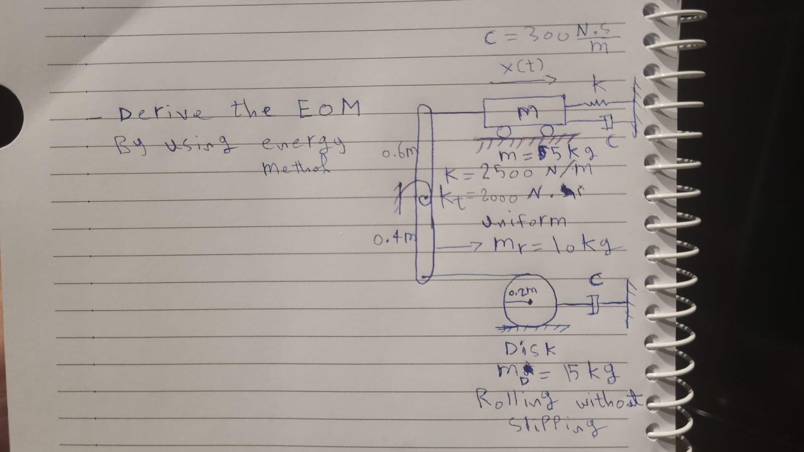 Solved C=300mN⋅S Derive the EOM By using energy mD=15kg | Chegg.com