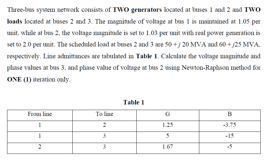 Solved Three-bus system network consists of TWO generators | Chegg.com