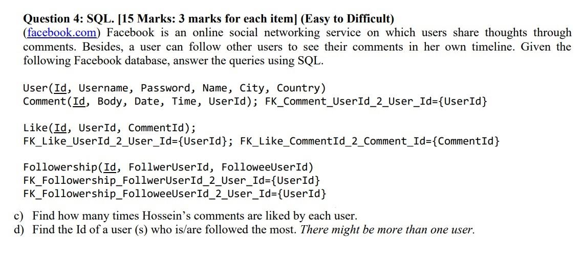 Solved Question 4: SQL. [15 Marks: 3 marks for each item] | Chegg.com