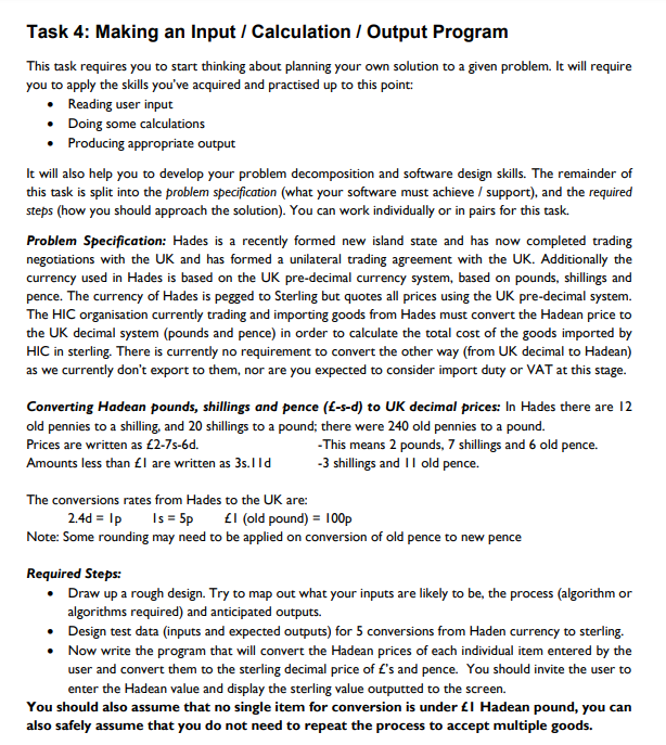 Solved Task 4 Making An Input Calculation Output 8669
