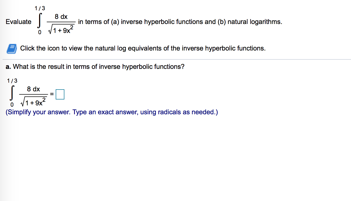 Solved a)What is the result in terms of inverse hyperbolic | Chegg.com