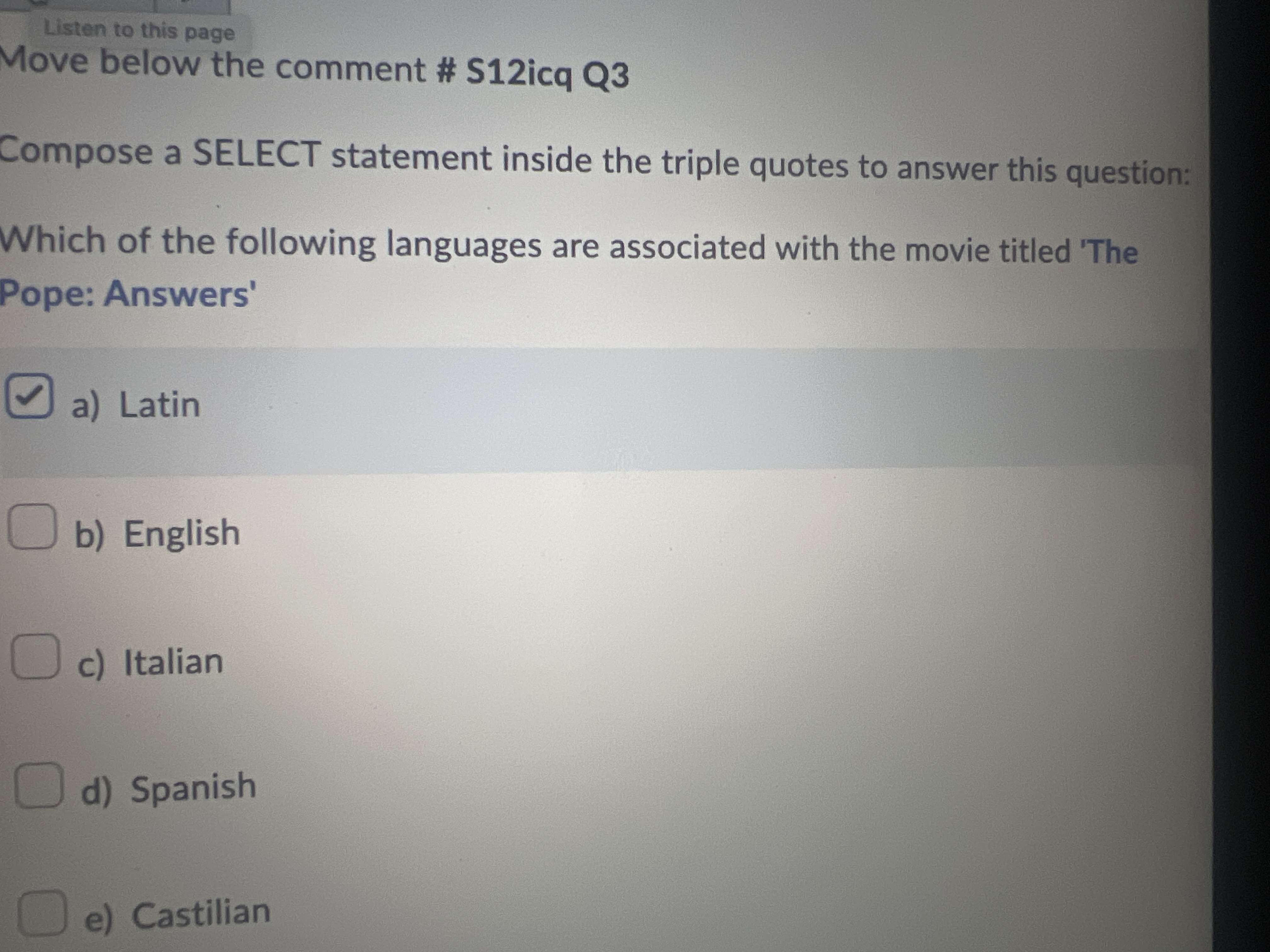 Solved Move below the comment # S12icq Q3Compose a SELECT | Chegg.com