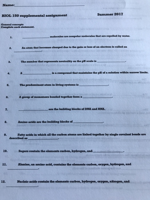 Solved Name: Summer 2017 BIOL 150 supplemental assignment | Chegg.com
