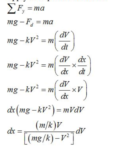 Solved Can you please explain how { dx = (mg-kV^2) = mVdV} | Chegg.com