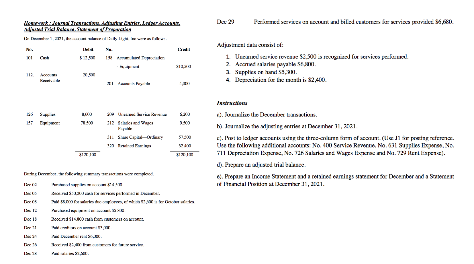 Solved Dec 29 Performed services on account and billed | Chegg.com