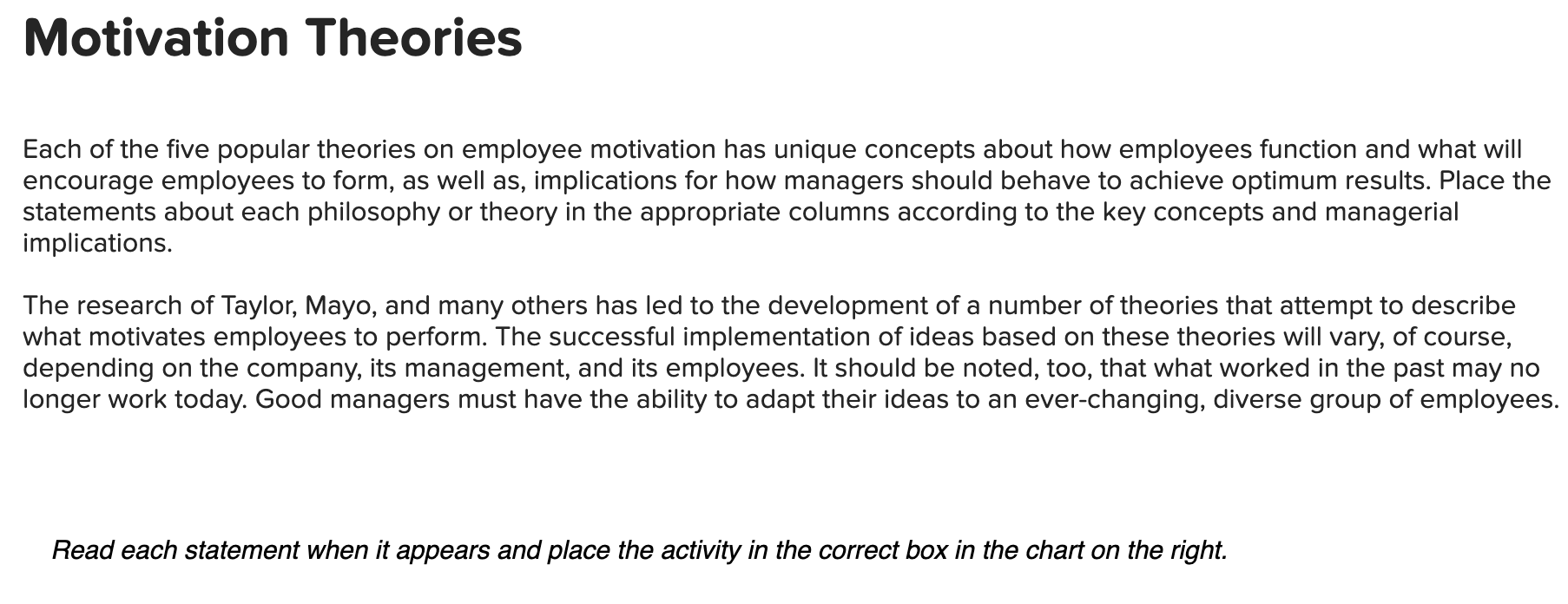 Solved Motivation Theories Each of the five popular theories | Chegg.com