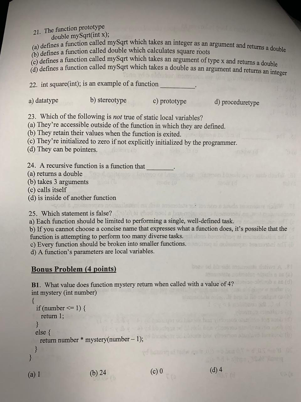 Solved 21. The function prototype double mySqrt(int x); (a) | Chegg.com