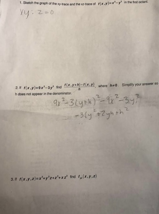 Solved 1. Sketch the graph of the xy-trace and the xz-trace | Chegg.com