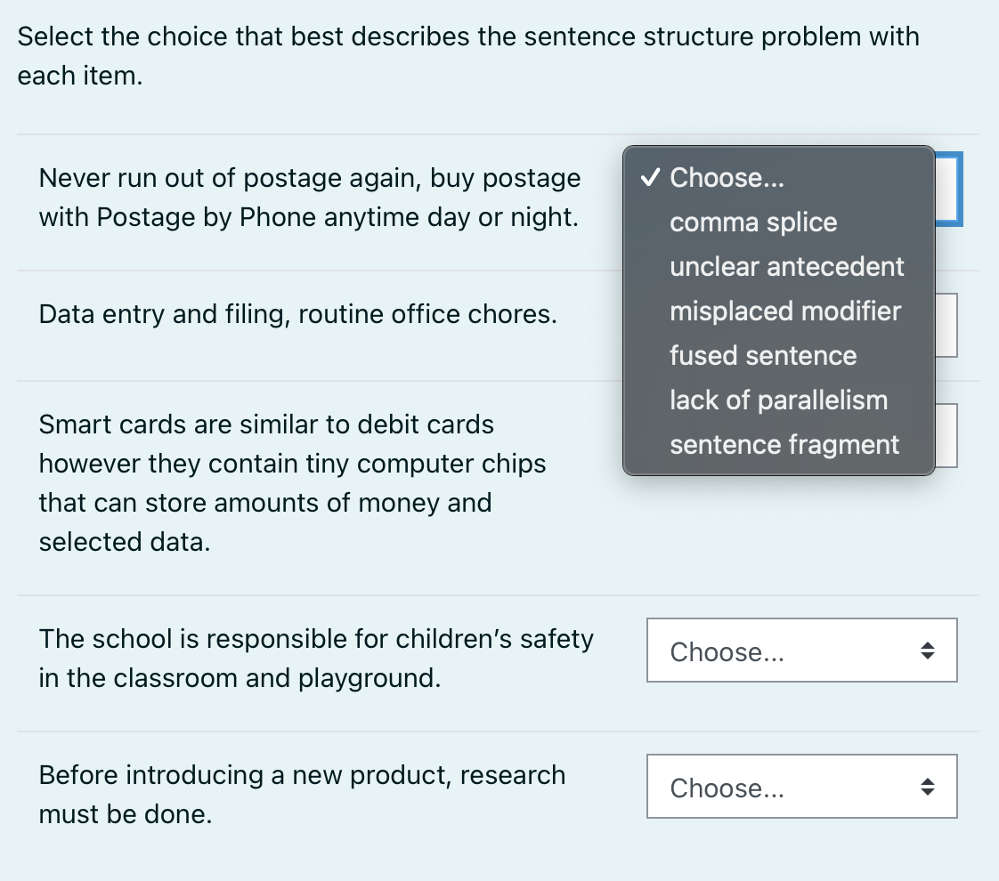 Solved Select the choice that best describes the sentence | Chegg.com