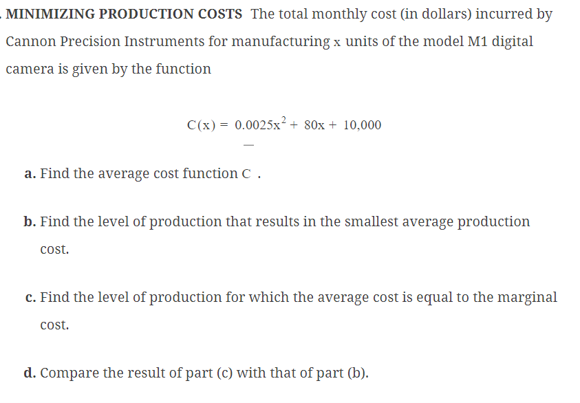 Solved MINIMIZING PRODUCTION cOSTS The total monthly cost | Chegg.com