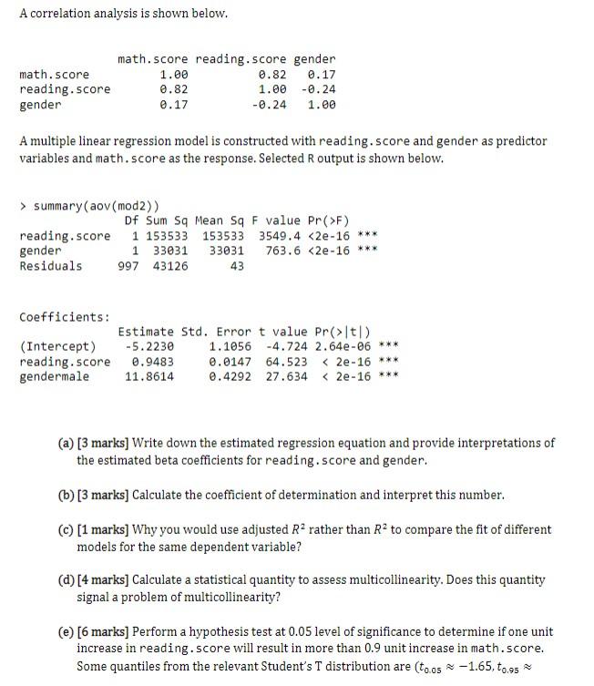 Solved A correlation analysis is shown below. math.score | Chegg.com