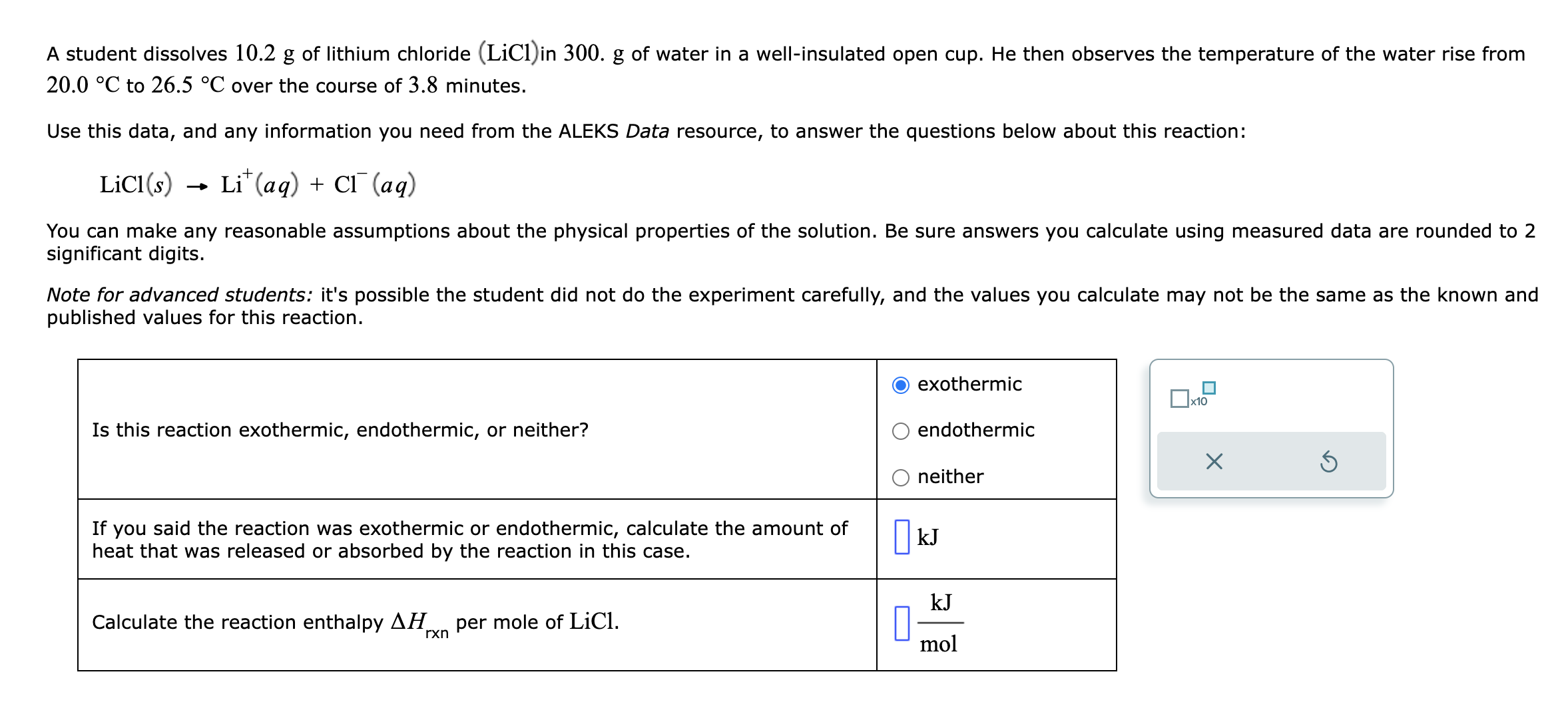 Solved A student dissolves 10.2 g of lithium chloride (LiCl) | Chegg.com